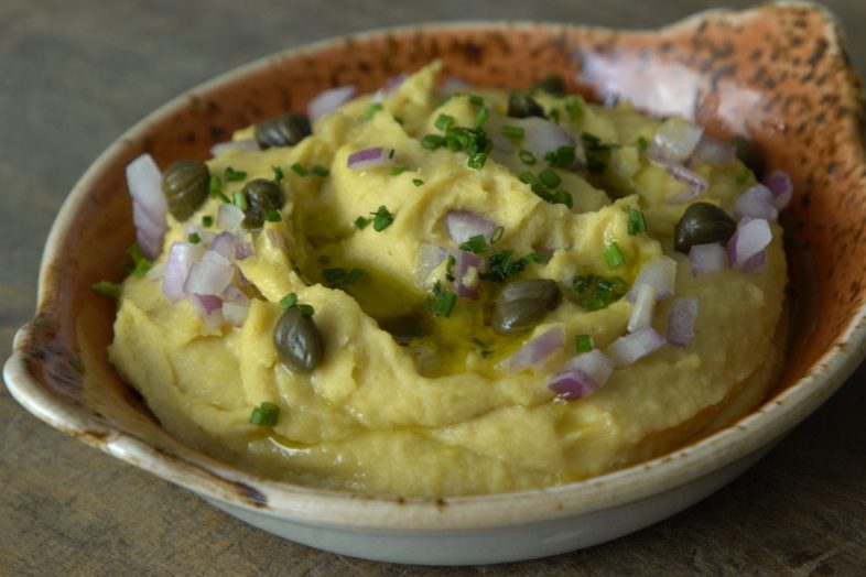 Fava garnished with Capers and Onions | Diane Kochilas