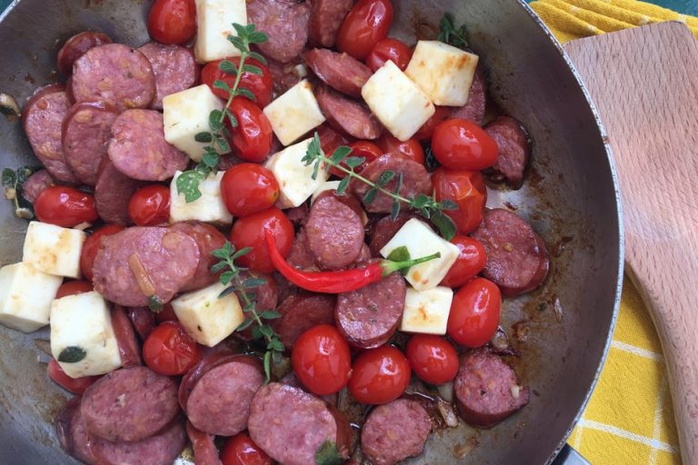 Ouzo-Seared greek Sausages with Tomatoes and Halloumi | Mediterranean ...