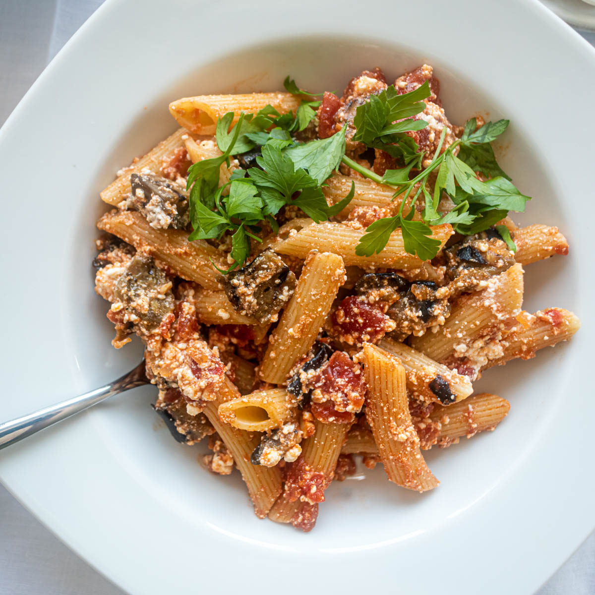 SHORT PASTA TOSSED WITH GRILLED EGGPLANT-TOMATO SAUCE | Diane Kochilas