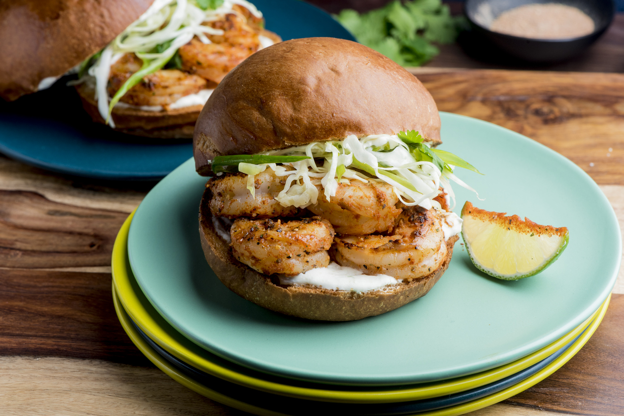 Grilled Shrimp Sandwiches with Greek Yogurt and Arugula-Cabbage Slaw