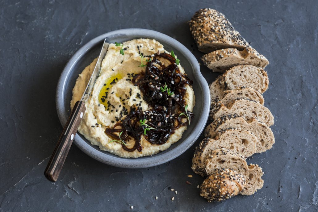 Two-Bean Hummus with Mastiha & Caramelized Onions | Diane Kochilas