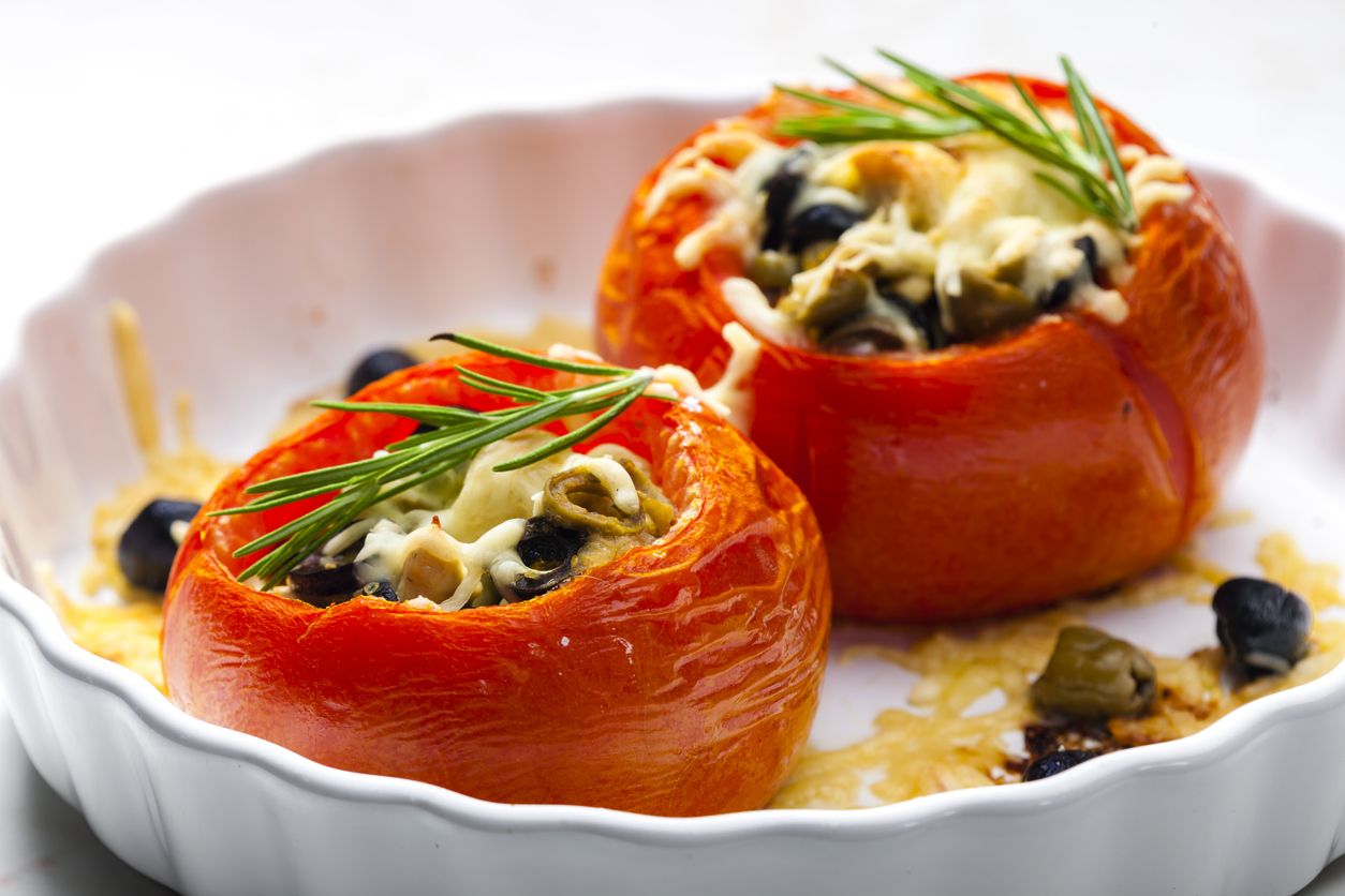 Vegetarian Stuffed Tomatoes with 2 Greek Cheeses, Basil & Kalamata Olives
