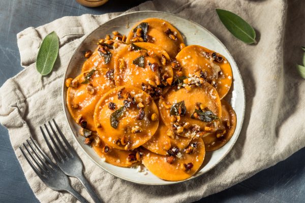 Butternut Squash Ravioli with Feta, Hazelnuts & Sage