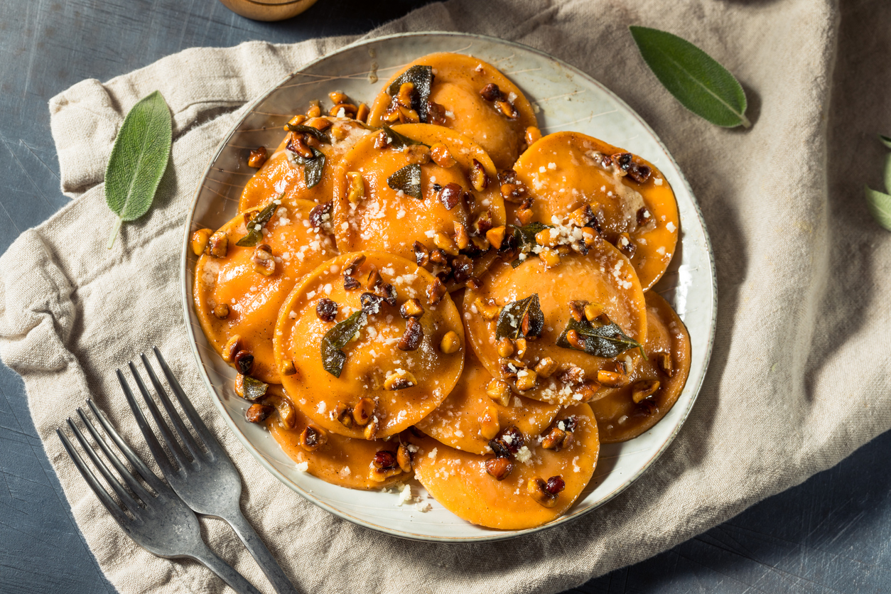 Butternut Squash Ravioli with Feta, Hazelnuts & Sage