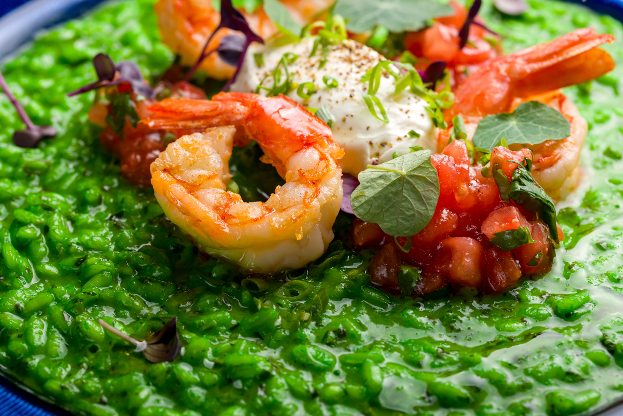 Green risotto with Shrimp, Tomatoes & Yogurt Cheese