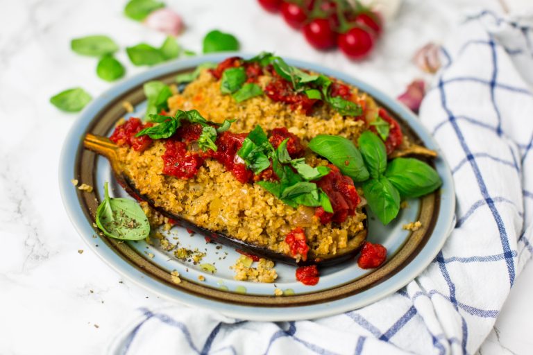 Eggplant Papoutsakia with Bulgur | Diane Kochilas