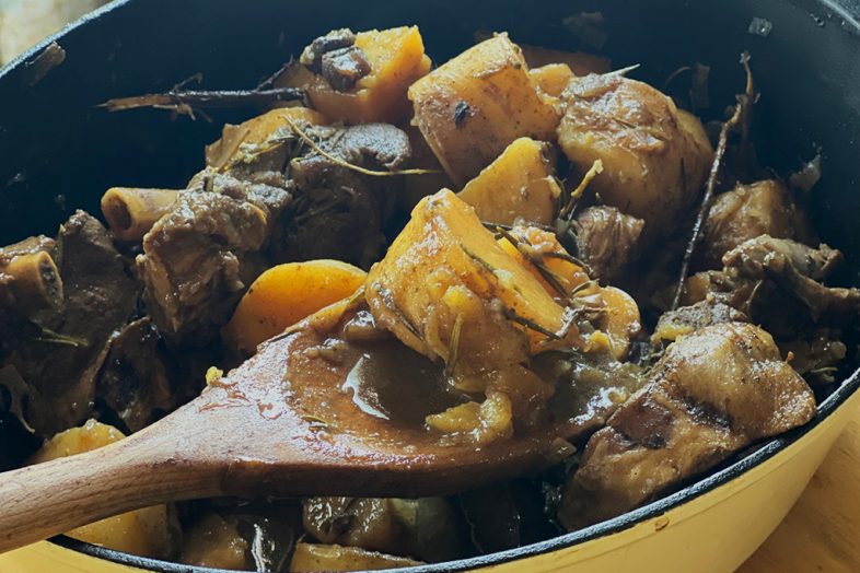 Lemony Braised Goat With Blackened Garlic and White Wine