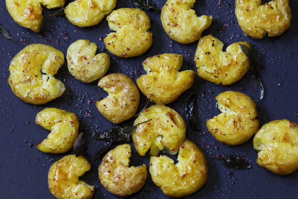 Crispy Smashed Potatoes with Greek Herbs and Lemon Juice