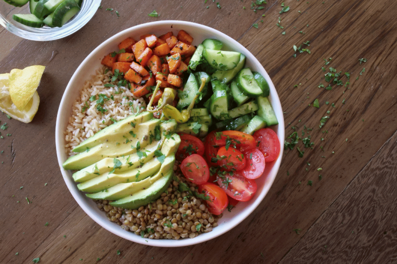 Lenten Bowl with Lentils, Rice, Avocado, and Vegetables