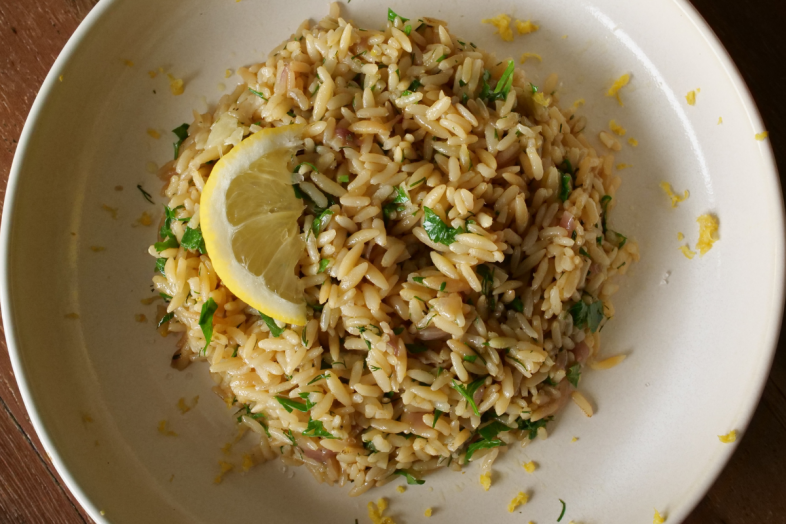 Greek Lemon Brown Rice Pilaf with Orzo, Dill & Parsley