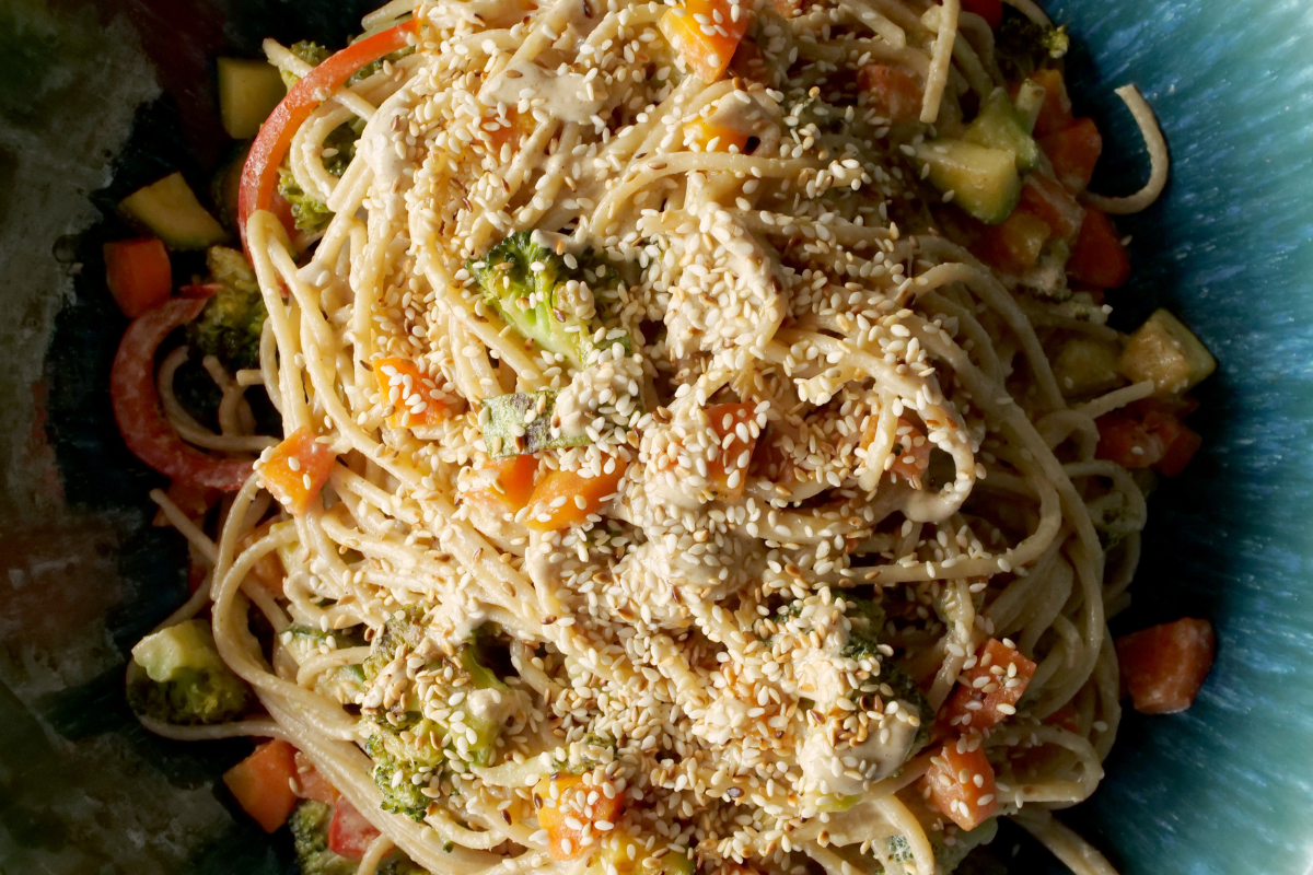 Whole Wheat Pasta Primavera With Tahini and Sesame | Vegan