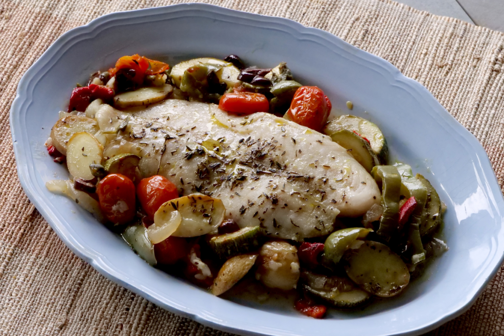 Roasted Fish Fillets and Vegetable “Briam”| Diane Kochilas