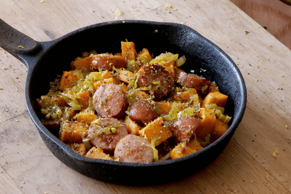 Sweet Potato Saganaki with Sausage | Greek Skillet Recipe